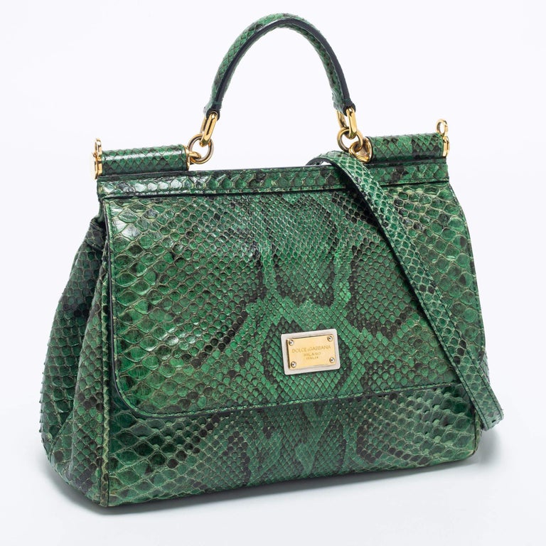 Dolce and Gabbana Green Python Leather Small Miss Sicily Top Handle Bag ...