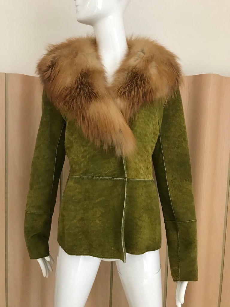 Dolce and Gabbana Green Soft Suede Fox Collar Shearling Jacket For Sale ...