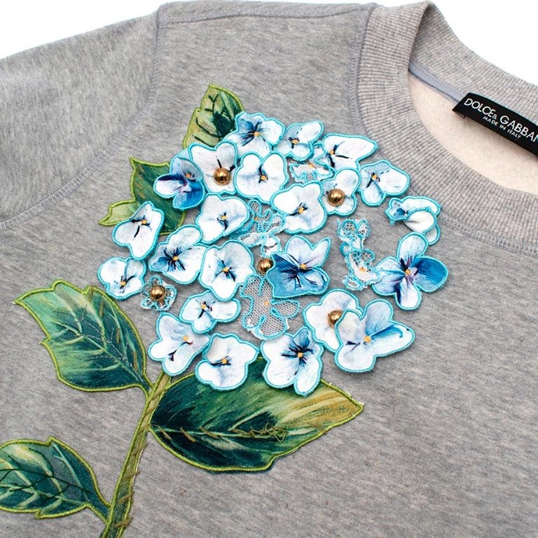 Dolce and Gabbana Grey Cotton Hydrangea Applique Sweater - Size US2 at ...