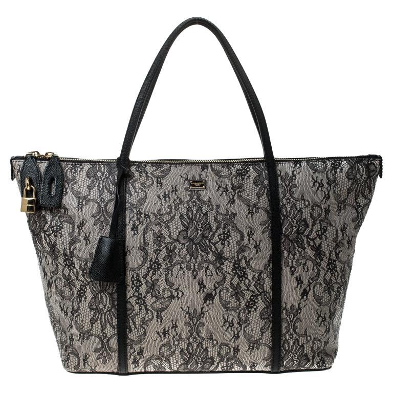 Dolce and Gabbana Grey Leather Lace Print Miss Escape Tote at 1stDibs