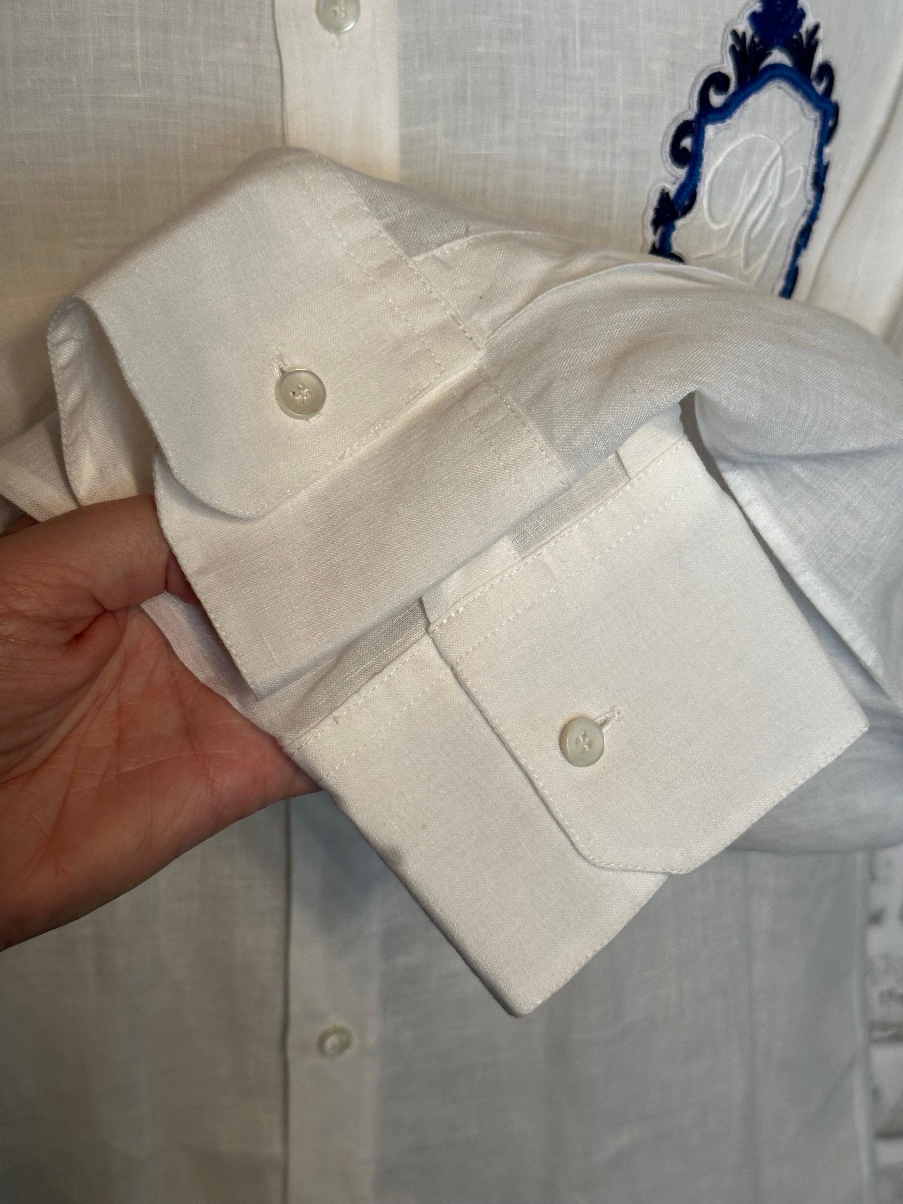 authen Dolce and Gabbana Heraldic Patch White Linen Shirt EU 44 XL Blue ...