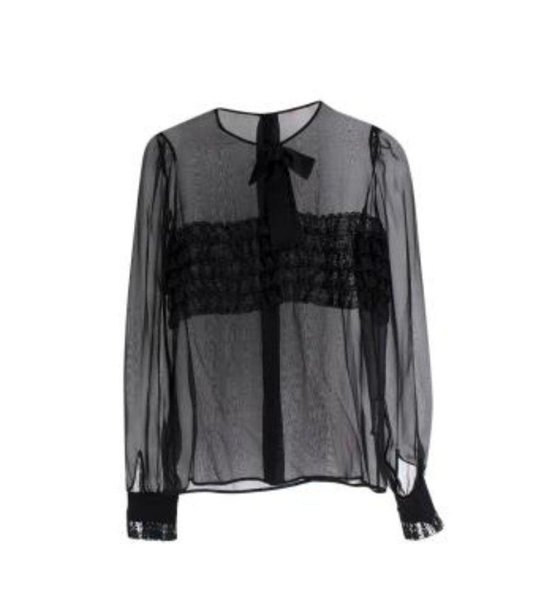 Dolce and Gabbana Lace Ruffle Panel Sheer Black Shirt For Sale at 1stDibs