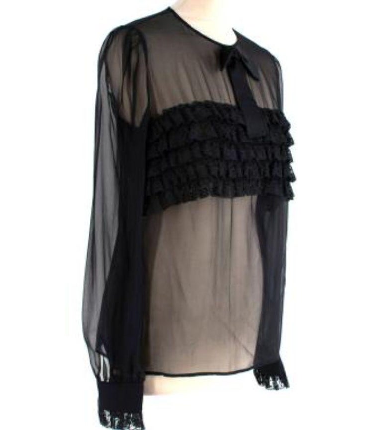 Dolce and Gabbana Lace Ruffle Panel Sheer Black Shirt For Sale at 1stDibs