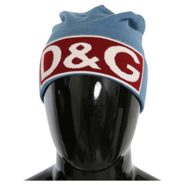 Dolce and Gabbana Light Blue Red Virgin Wool Hat Beanie Cap With DG ...