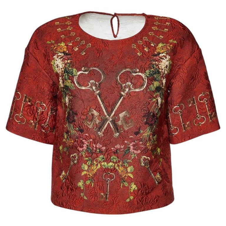 Dolce and Gabbana Maroon Key and Floral Printed Jacquard Blouse S For ...
