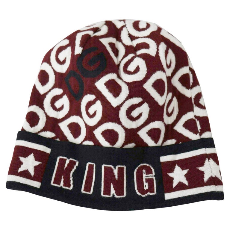 Dolce and Gabbana Maroon White Wool Beanie King Hat with DG Logo Stars ...