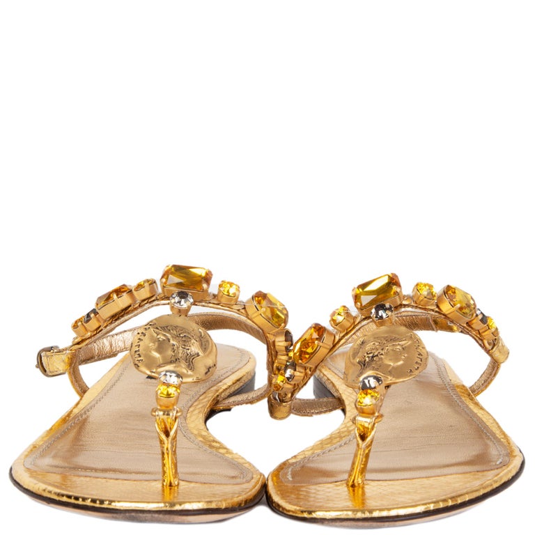 DOLCE and GABBANA metallic gold PYTHON CRYSTAL and COIN THONG Sandals Shoes 36 at 1stDibs
