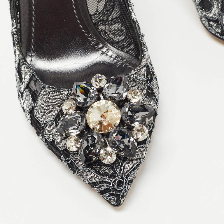 Dolce and Gabbana Metallic Grey/Black Lace Bellucci Pointed Toe Pumps ...