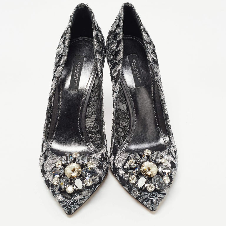 Dolce and Gabbana Metallic Grey/Black Lace Bellucci Pointed Toe Pumps ...