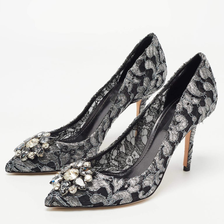 Dolce and Gabbana Metallic Grey/Black Lace Bellucci Pointed Toe Pumps ...