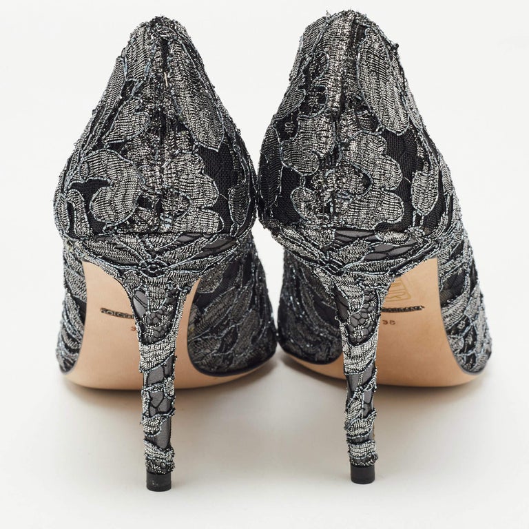 Dolce and Gabbana Metallic Grey/Black Lace Bellucci Pointed Toe Pumps ...