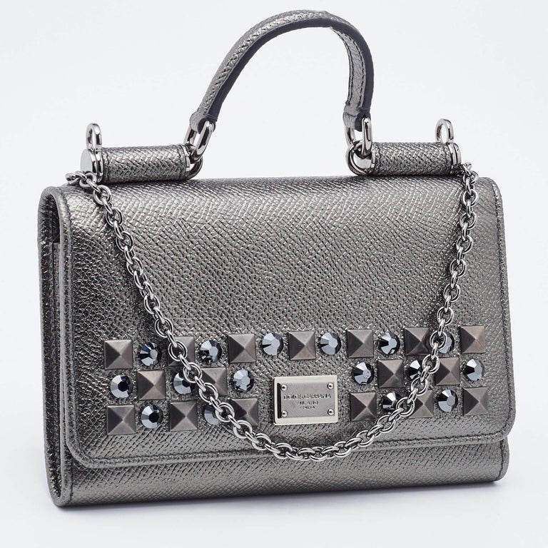 Dolce and Gabbana Metallic Grey Leather Miss Sicily Von Studded Wallet ...