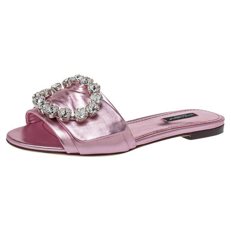 Dolce and Gabbana Metallic Pink Leather Embellished Flat Slides Size 38 ...