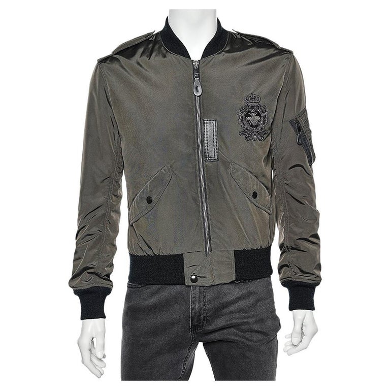 Dolce and Gabbana Military Green Nylon Bee and Crown Embellished Bomber ...