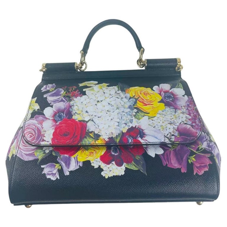 Dolce and Gabbana Multicolor Black Leather Floral Rose Sicily Handbag ...