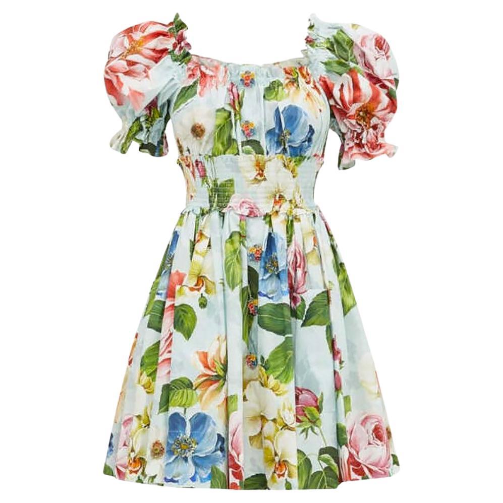 Dolce and Gabbana Multicolor White Silk Tropical Rose Mid-Length Dress ...