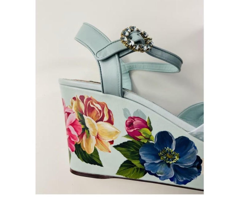Dolce and Gabbana Multicolor Blue Leather Floral Camelia Wedge Sandals ...