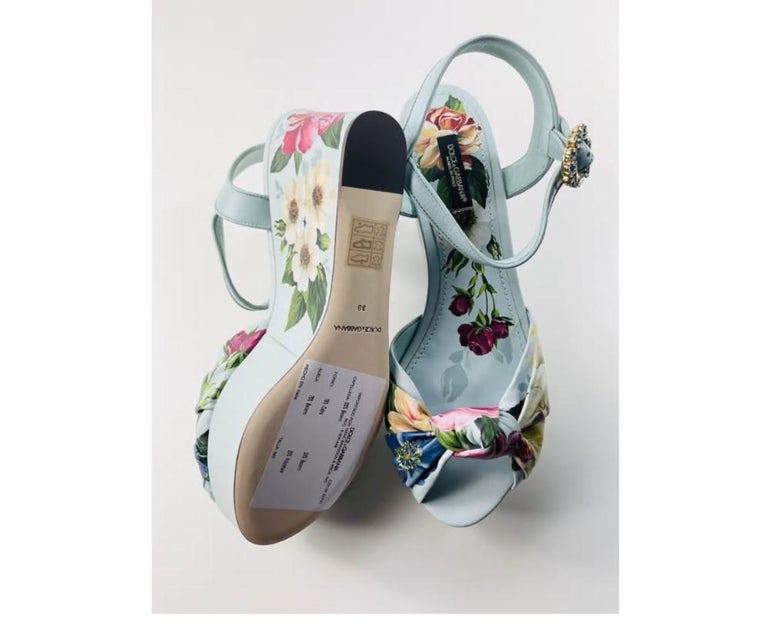 Dolce and Gabbana Multicolor Blue Leather Floral Camelia Wedge Sandals ...