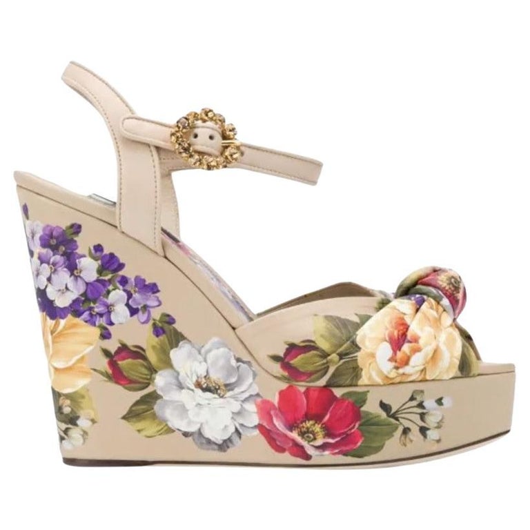 Dolce and Gabbana Multicolor Leather Floral Camelia Wedge Sandals Shoes ...