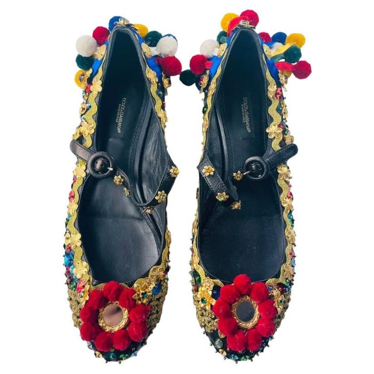 Dolce and Gabbana Multicolor Sicily Flats Shoes With Crystals Pom Pom ...