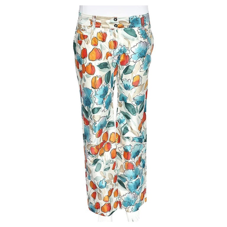Dolce and Gabbana Multicolor Watercolor Painted Silk Trousers M For ...