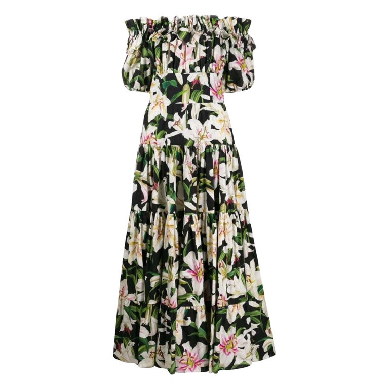 Dolce and Gabbana Multicolor White Black Cotton Lily Floral Maxi Dress ...