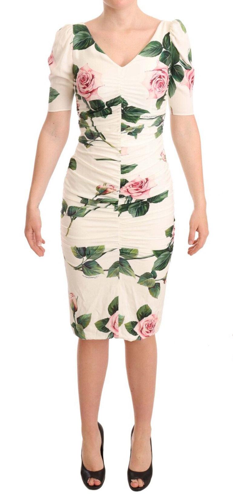 Dolce and Gabbana Multicolor White Silk Tropical Rose Mid-Length Dress ...