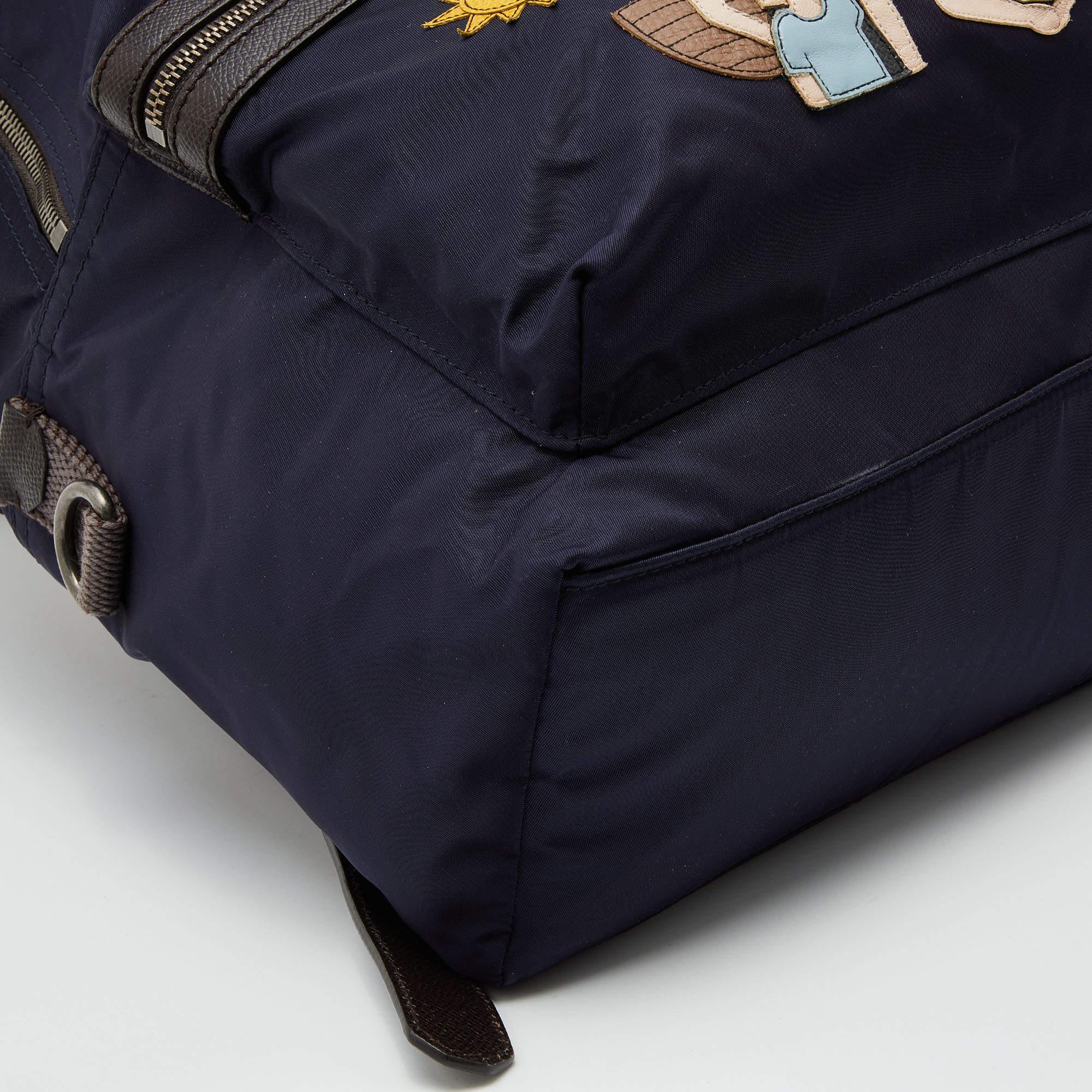 Dolce and Gabbana Navy Blue/Brown Nylon and Leather Printed Backpack ...