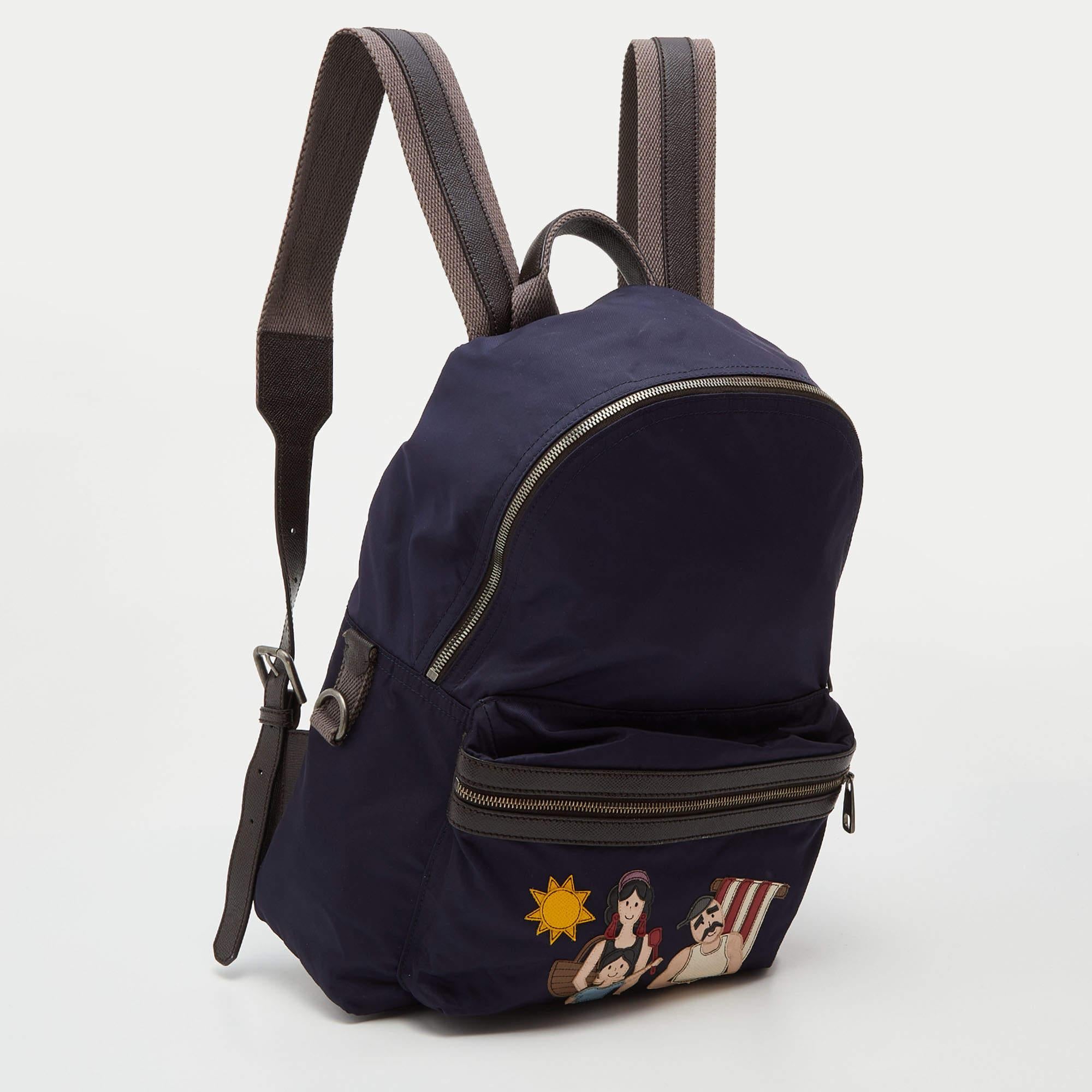 Dolce and Gabbana Navy Blue/Brown Nylon and Leather Printed Backpack ...