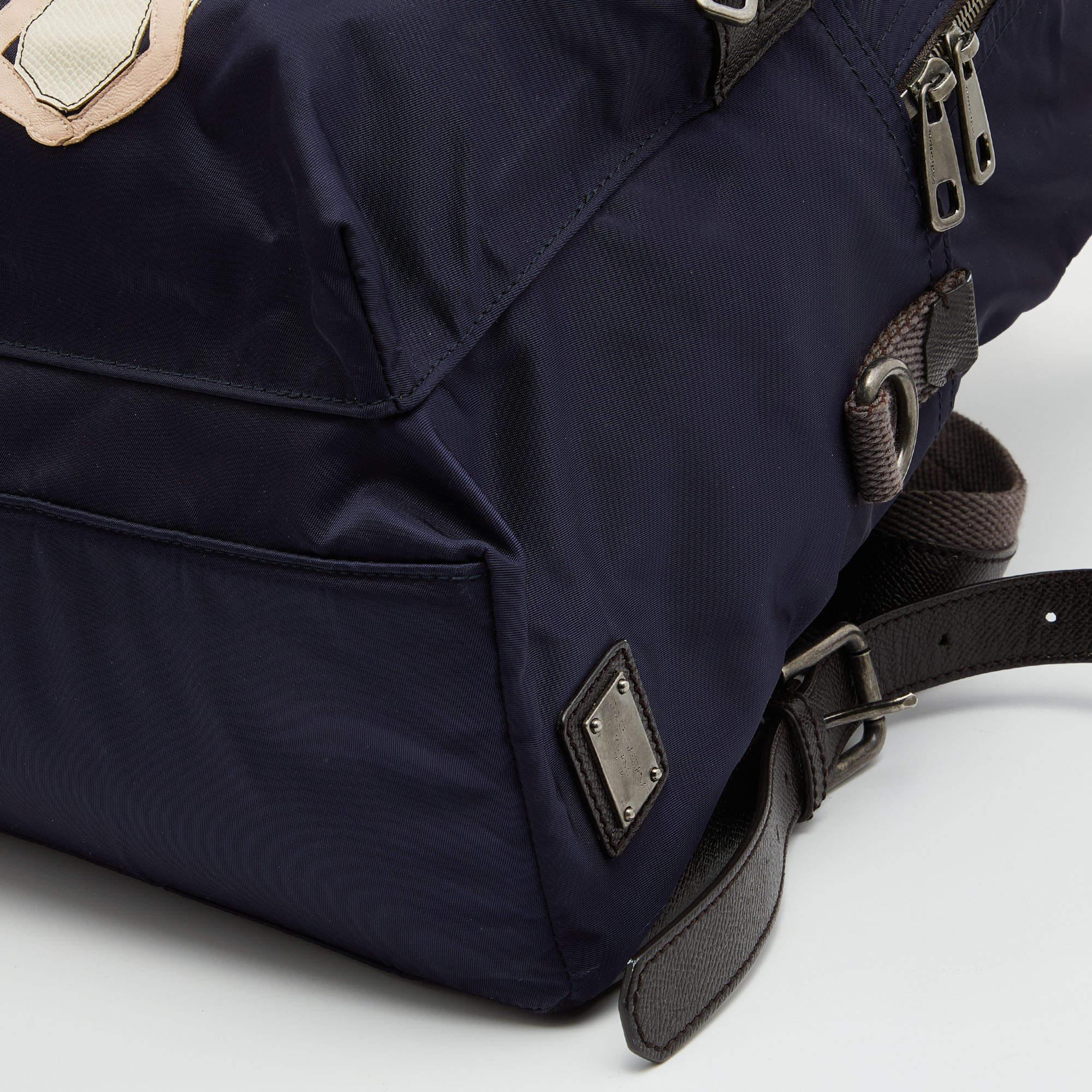 Dolce and Gabbana Navy Blue/Brown Nylon and Leather Printed Backpack ...