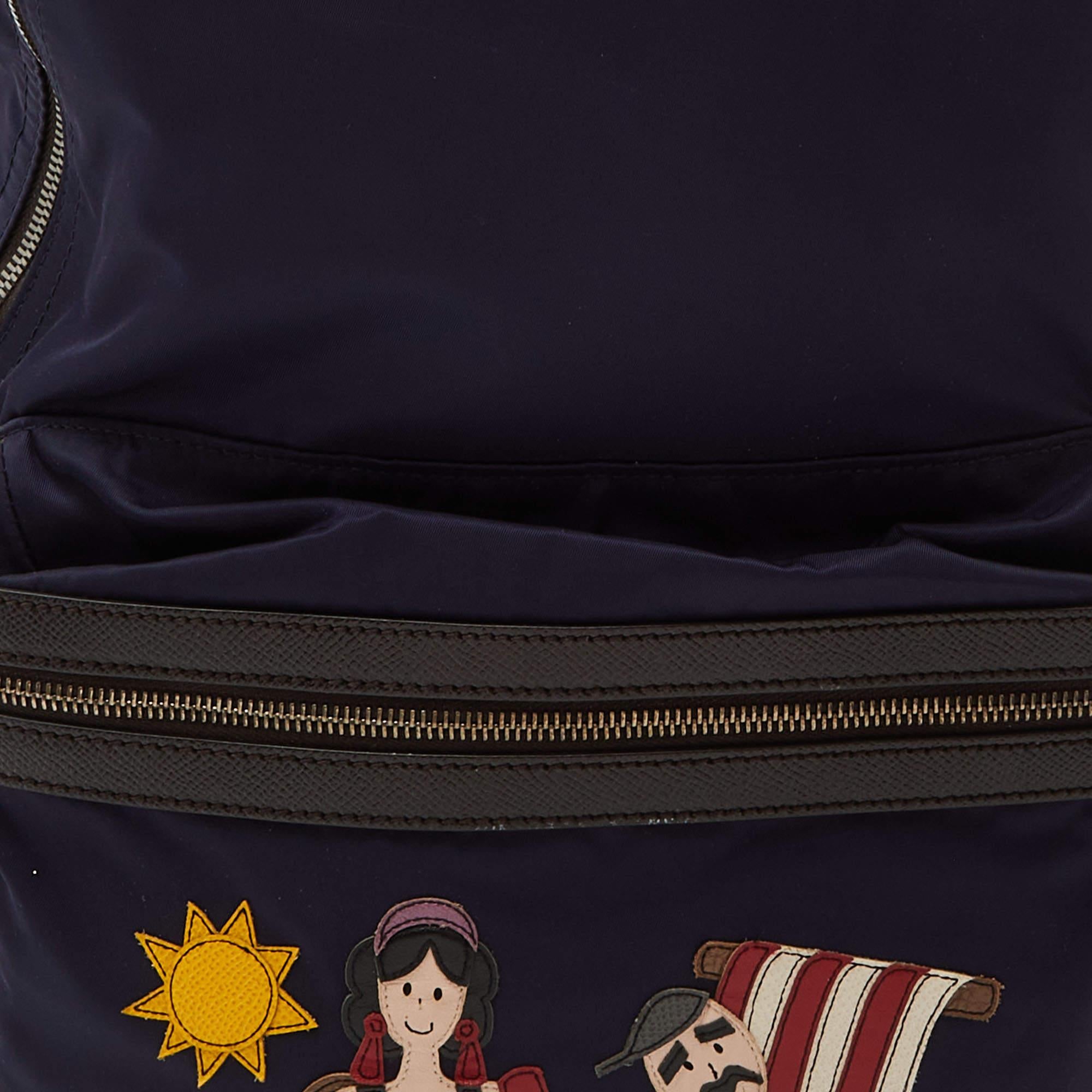 Dolce and Gabbana Navy Blue/Brown Nylon and Leather Printed Backpack ...