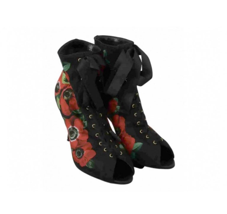 Dolce And Gabbana Open Toe Black Floral Cloth Heels Booties For Sale At