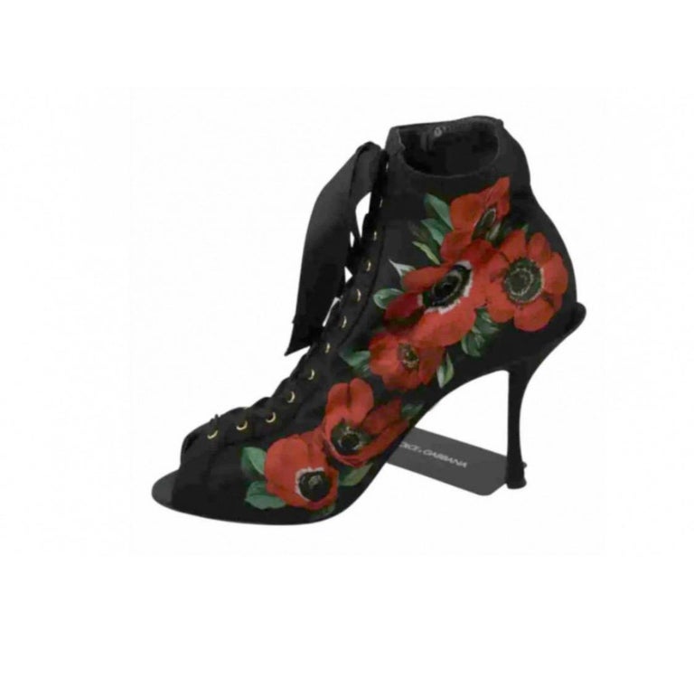 Dolce And Gabbana Open Toe Black Floral Cloth Heels Booties For Sale At