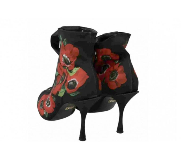 Dolce And Gabbana Open Toe Black Floral Cloth Heels Booties For Sale At