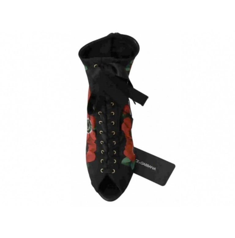 Dolce And Gabbana Open Toes Heels Multicolour Red Roses Printed Booties