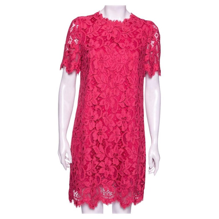 Dolce and Gabbana Pink Floral Lace Crew Neck Short Sleeve Dress M For ...