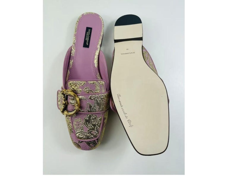 Dolce and Gabbana Pink Gold Cloth Baroque Flats Shoes With DG Logo Box ...