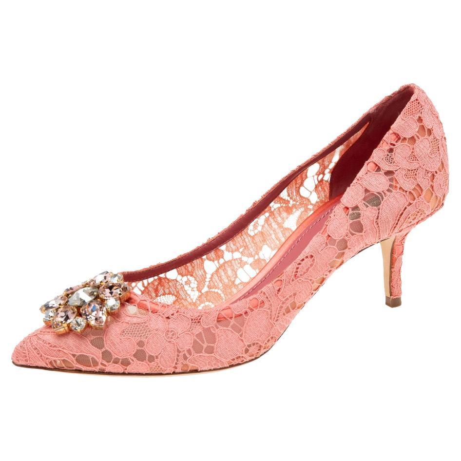 Dolce and Gabbana Pink Lace Leather Bellucci Shoes Heels Pumps Floral ...