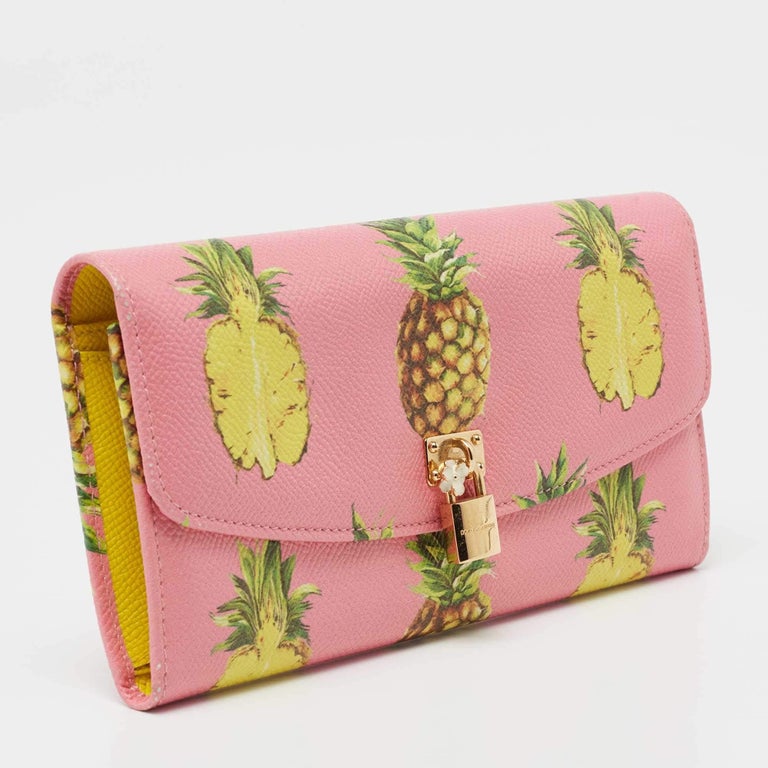 Dolce and Gabbana Pink Pineapple Print Leather Padlock Wallet For Sale ...