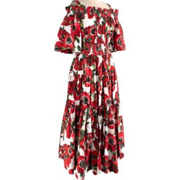 Dolce and Gabbana Poppy Print Off-Shoulder Cotton Poplin Dress For Sale ...