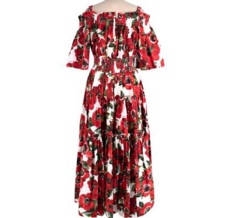 Dolce and Gabbana Poppy Print Off-Shoulder Cotton Poplin Dress For Sale ...