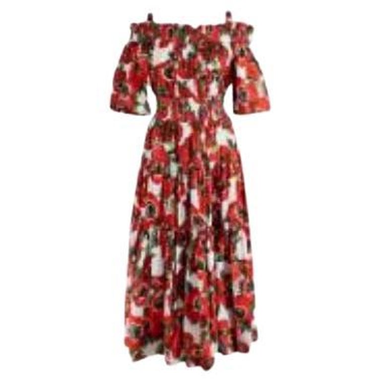 Dolce and Gabbana Poppy Print Off-Shoulder Cotton Poplin Dress For Sale ...