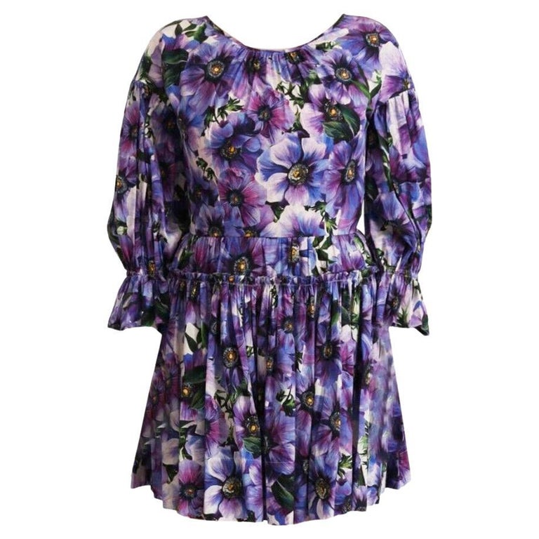 Dolce and Gabbana Purple Cotton Floral Flared Mini Dress A-line Poplin ...