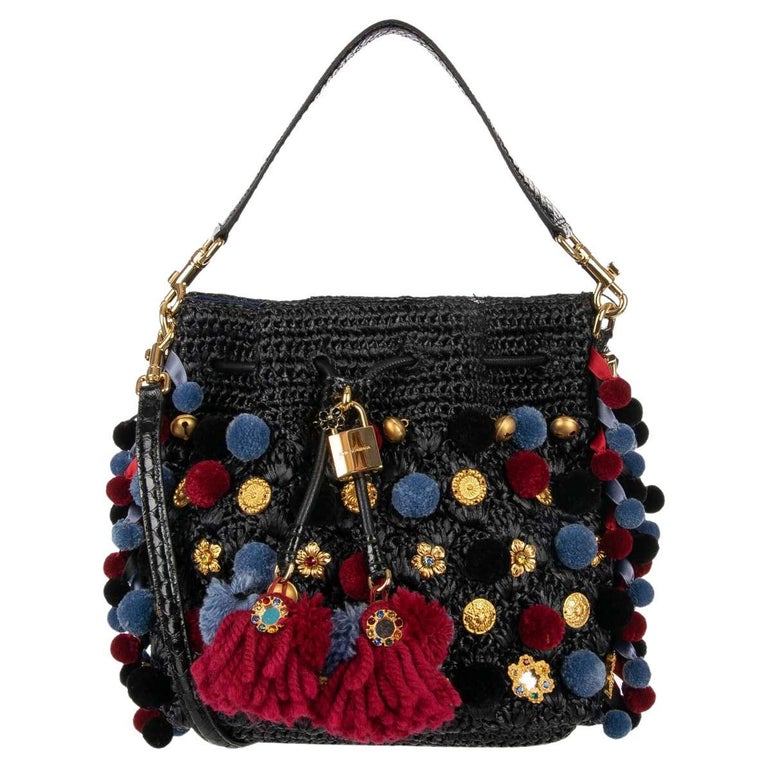 Dolce and Gabbana - Raffia Bucket Bag CLAUDIA with Pompoms and Crystals ...