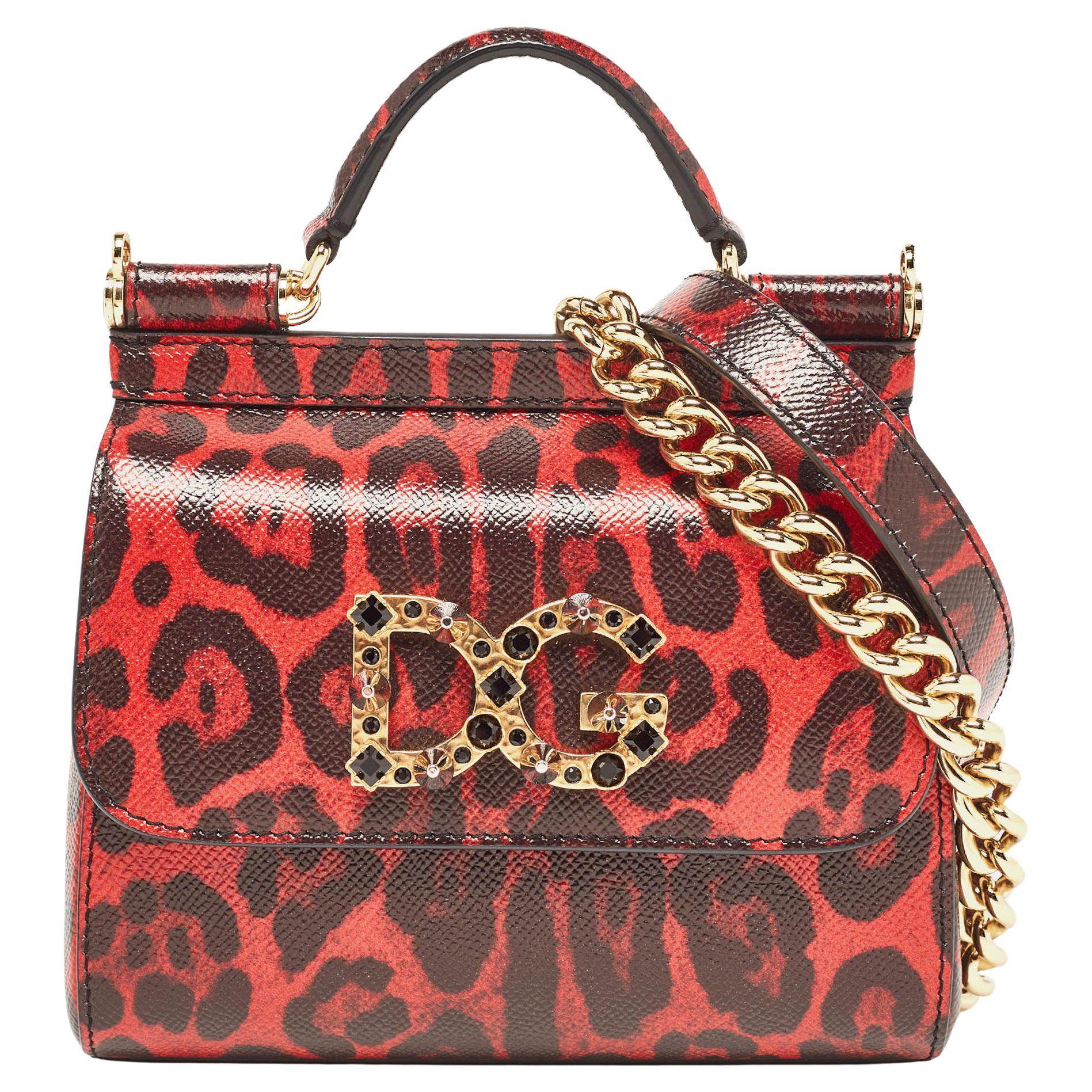 Dolce and Gabbana Red/Black Leopard Print Leather Mini Crystal and ...