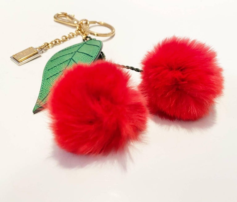 Dolce and Gabbana Red Cherry Pom Pom Gold Tone Key Ring Bag Charm For ...
