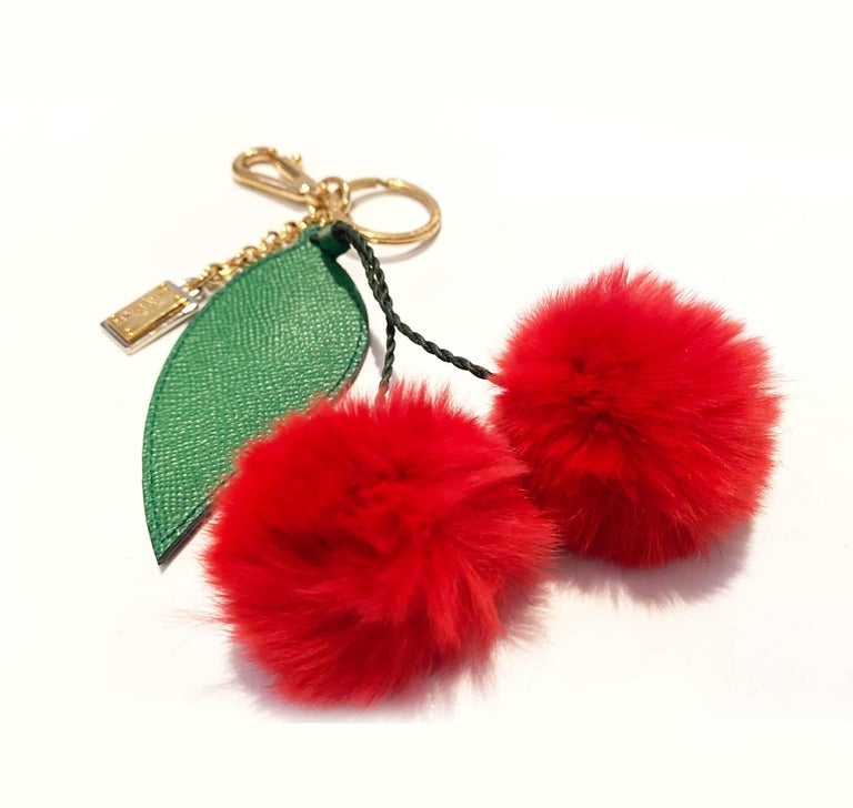 Dolce and Gabbana Red Cherry Pom Pom Gold Tone Key Ring Bag Charm For ...