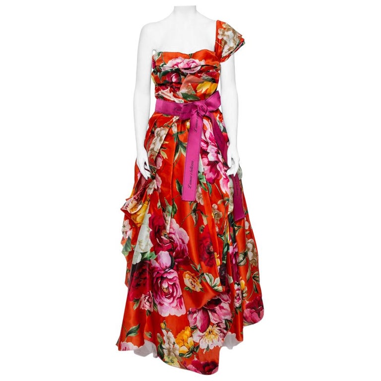 Dolce and Gabbana Red Floral Print Silk One Shoulder Gown M at 1stDibs