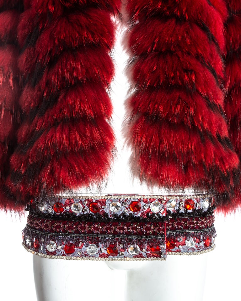 Dolce and Gabbana red fox fur cropped jacket with embellished belt, fw ...