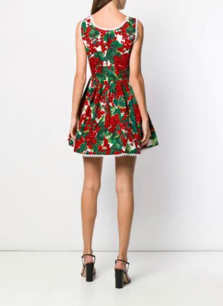Dolce and Gabbana Red Green Cotton Geranium Floral Mini Dress Flowers ...